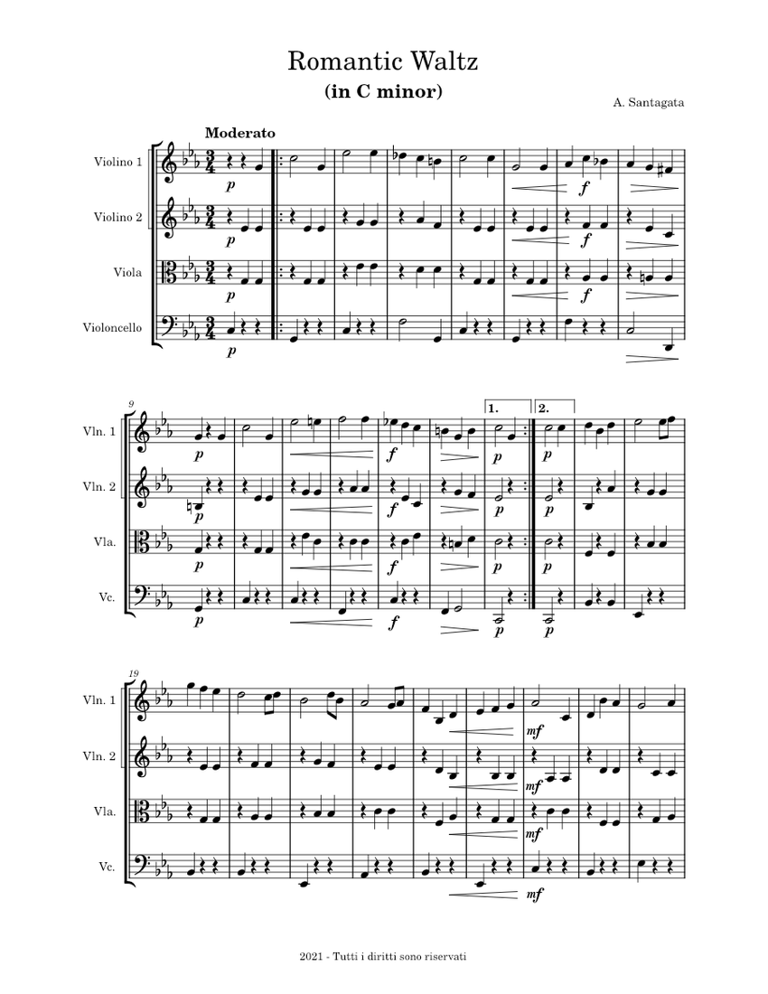 Romantic Waltz Sheet music for Violin, Viola, Cello (String Quartet ...
