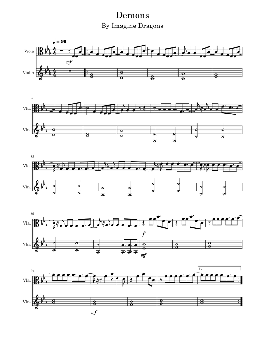 Demons – Imagine Dragons Sheet music for Violin, Viola (String Duet ...