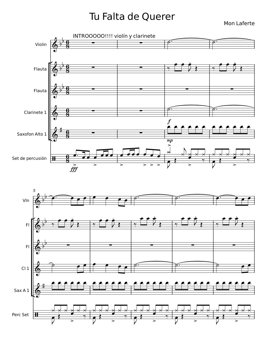 Tu falta de querer - Mon Laferte Sheet Music for Flute, Saxophone alto ...