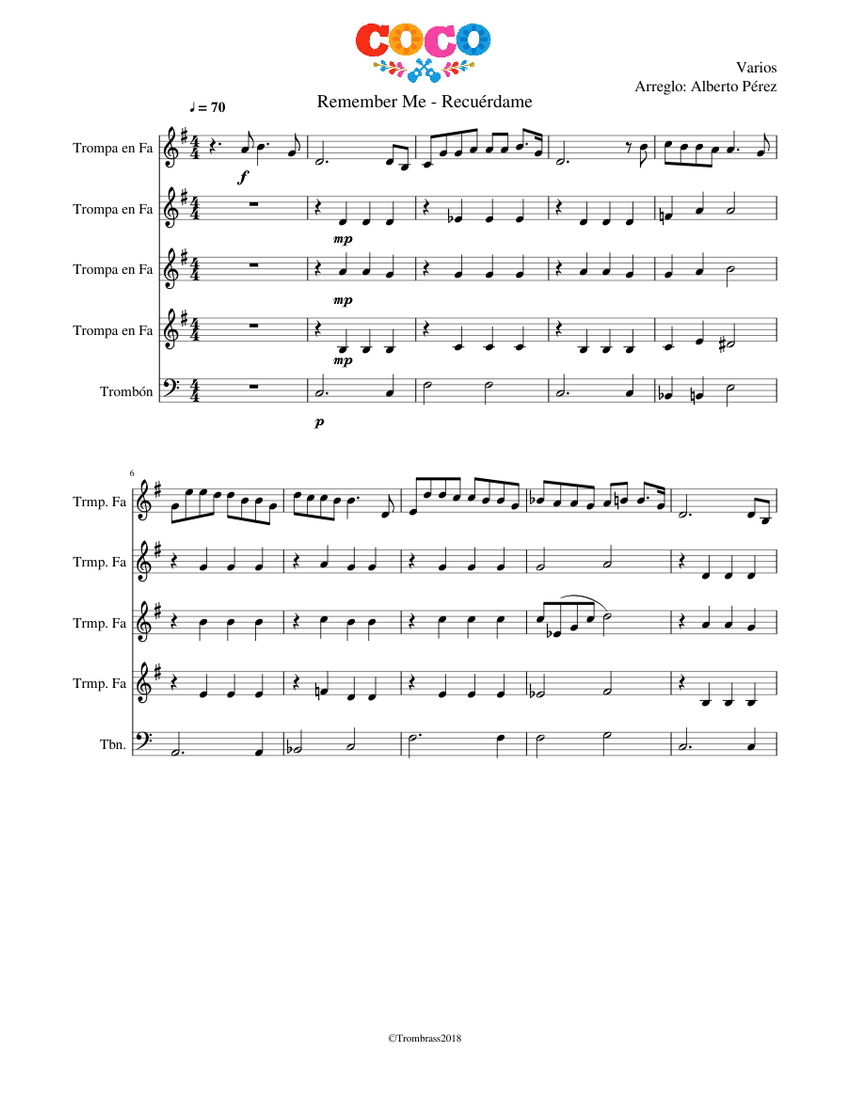 Recúerdame Sheet music for Trombone, French horn (Mixed Quintet ...