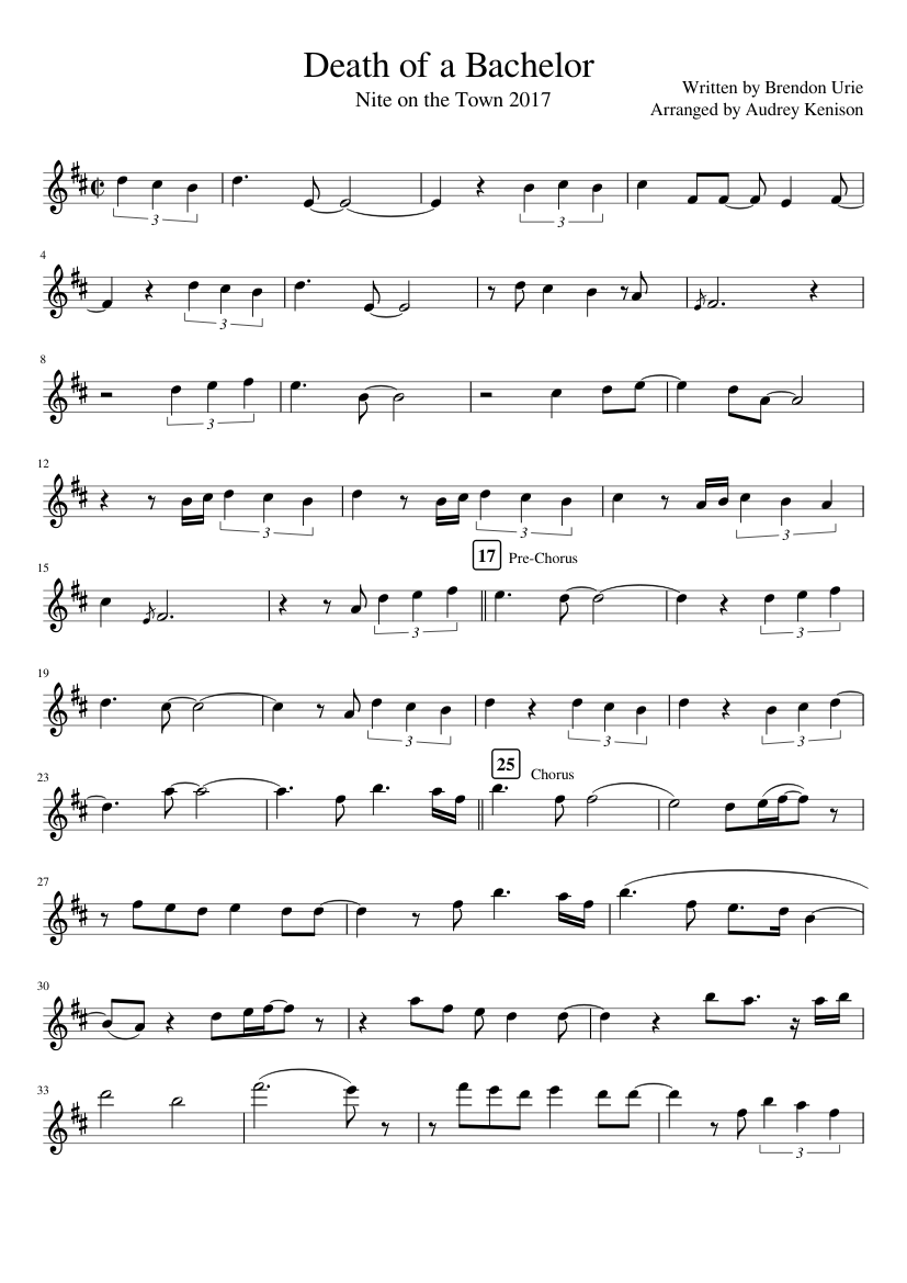Death of a Bachelor for Bari Sax (Vocal Part) Sheet Music for Saxophone ...