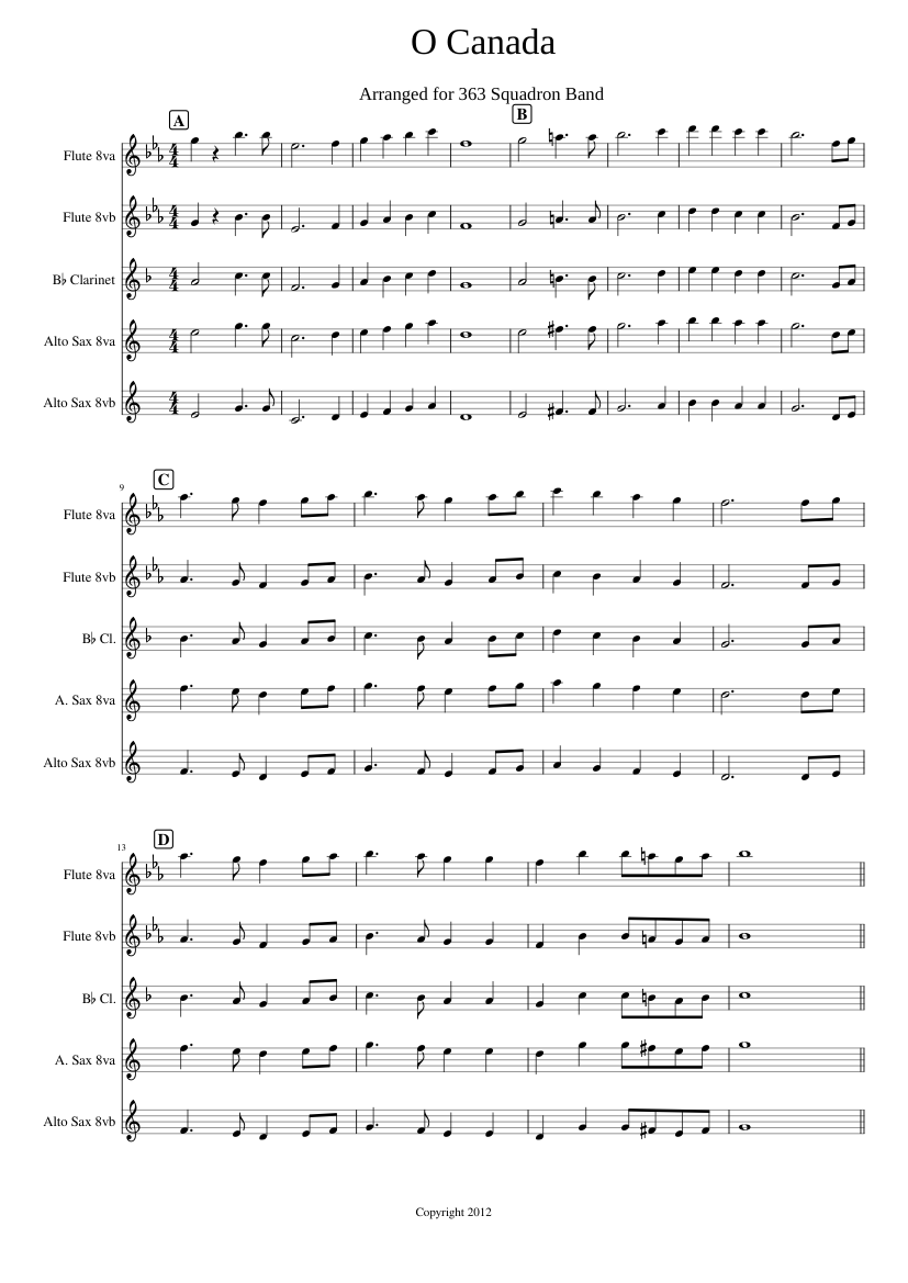 O Canada Sheet music for Flute, Clarinet in b-flat, Saxophone alto ...