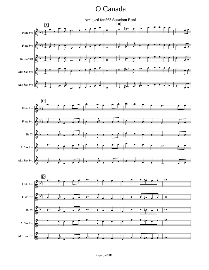 O Canada Sheet music for Flute, Clarinet in b-flat, Saxophone alto ...