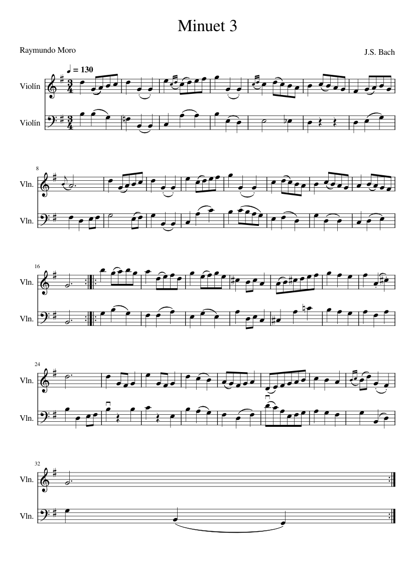Minuet no.3 – Johann Sebastian Bach Minuet 3 Cello and Violin Sheet music for Violin (String ...