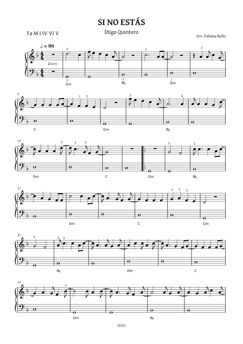 Si No Estás – Inigo quintero Sheet Music for Piano (Solo) easy ...