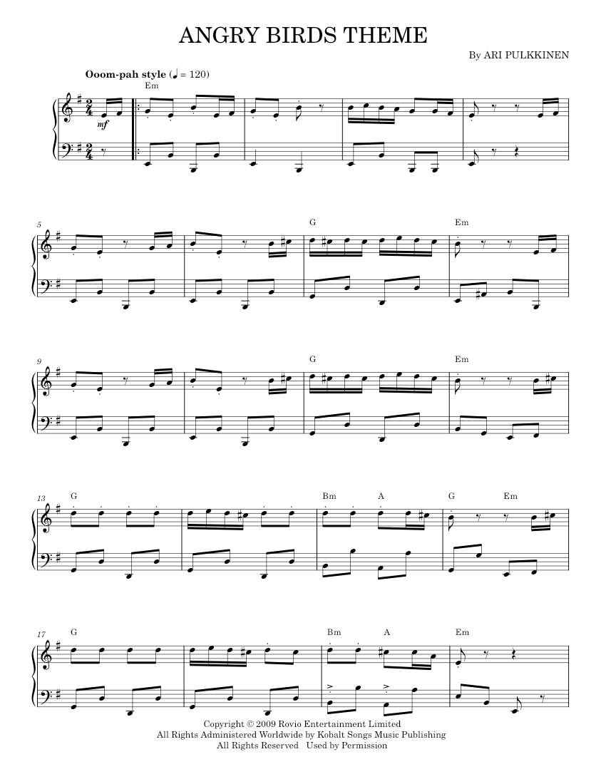 Angry Birds Theme Sheet music for Piano by Ari Pulkkinen Official ...