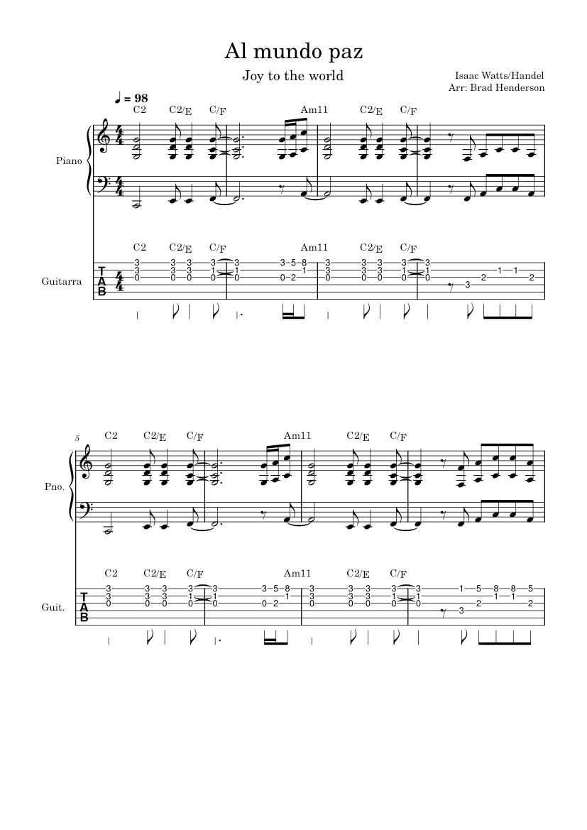 Al mundo paz Sheet Music for Piano, Guitar, Synthesizer (Choral ...