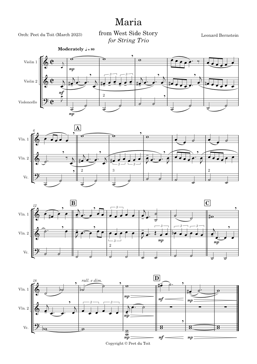 Maria from West Side Story - L Bernstein Sheet Music for Violin, Cello (String Trio) | MuseScore.com