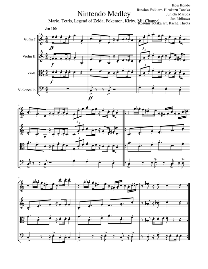 Nintendo Medley Sheet music for Violin, Viola, Cello (String Quartet ...