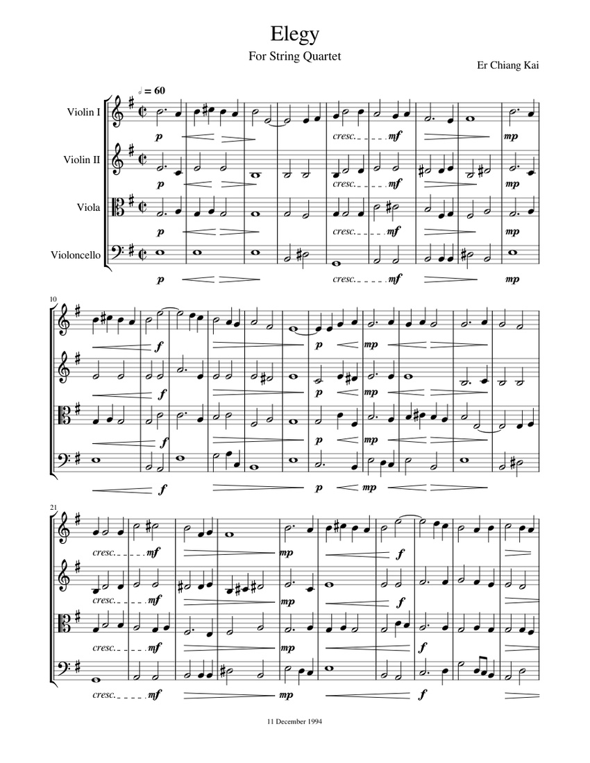 Elegy For String Quartet Sheet music for Violin, Viola, Cello (String ...