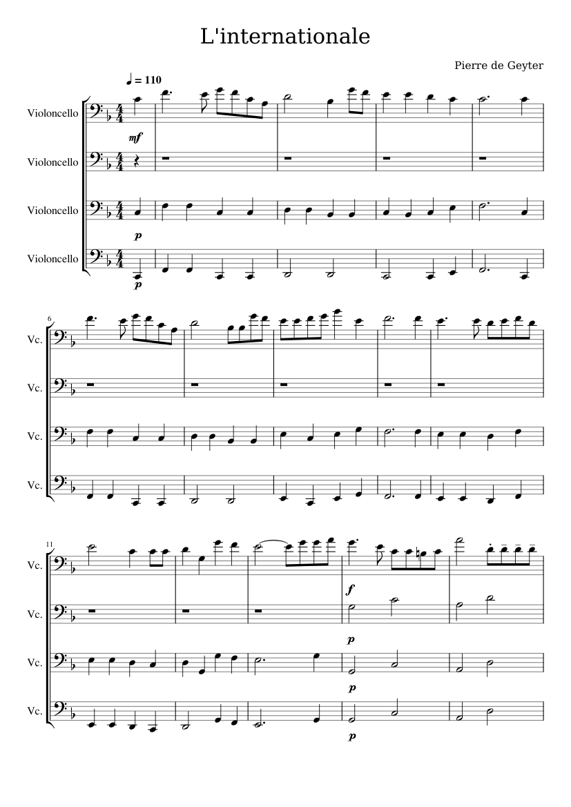 L'internationale Sheet music for Cello (String Quartet) | Musescore.com