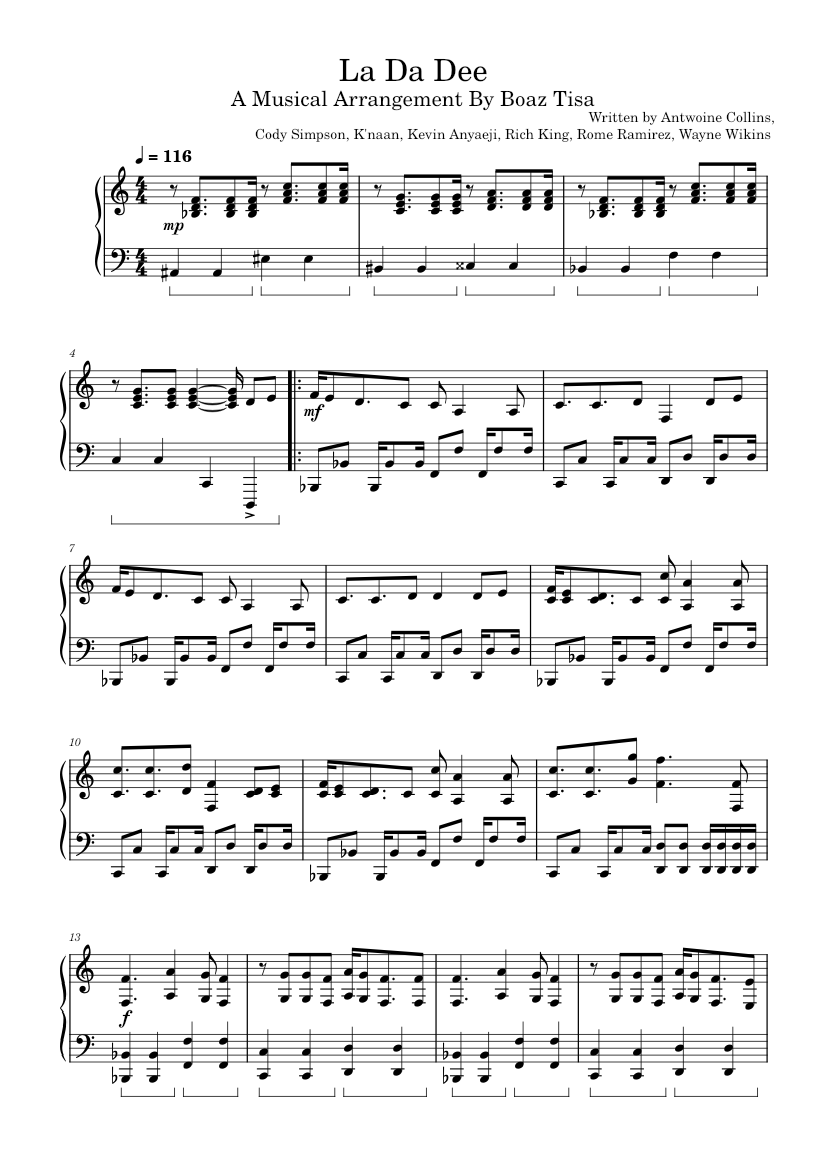 La da dee – Cody Simpson Sheet Music for Piano (Solo) | MuseScore.com