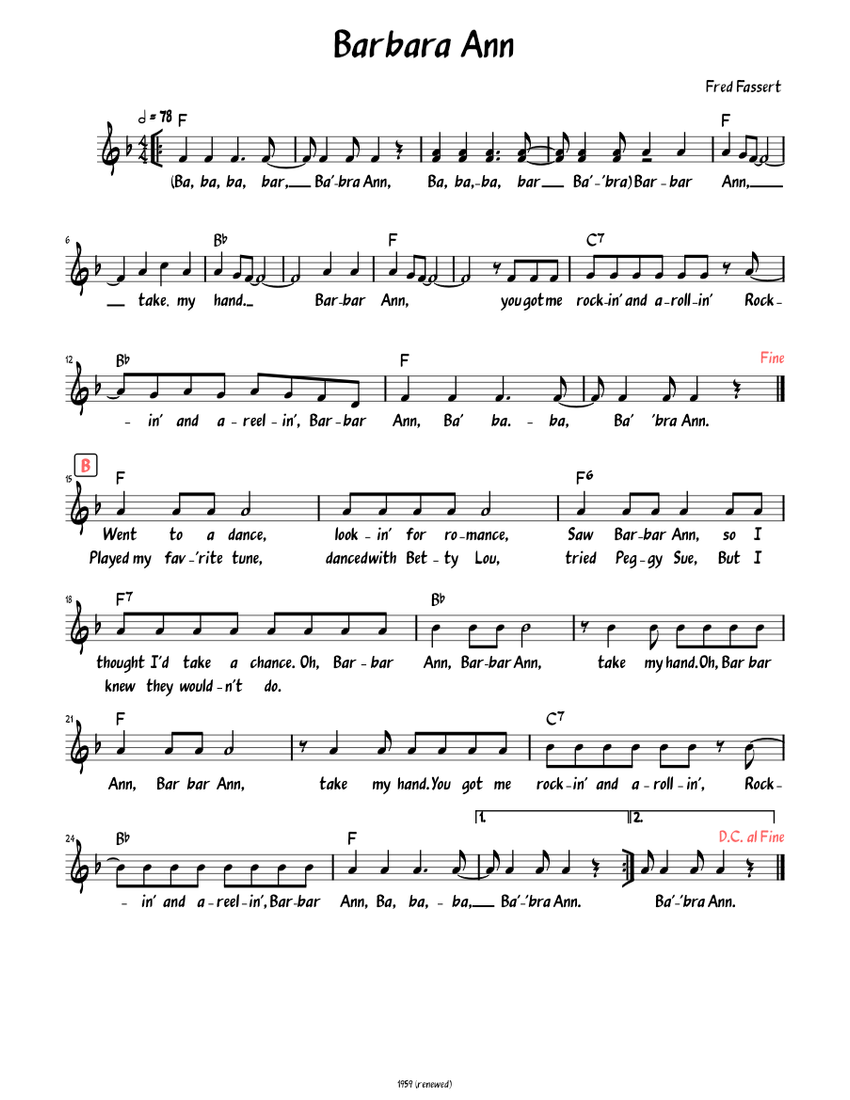 Barbara Ann (Lead sheet with lyrics ) Sheet music for Piano (Solo ...