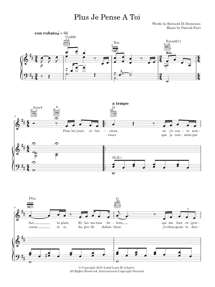 Plus Je Pense A Toi Sheet music for Piano, Vocals by Patrick Fiori Official | MuseScore.com