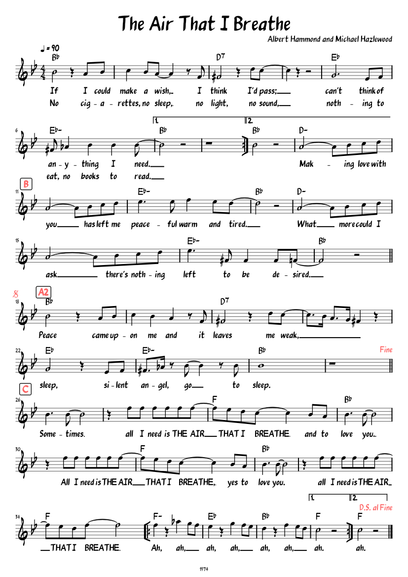 The Air That I Breathe (Lead sheet with lyrics ) Sheet Music with Chords for Piano (Solo) Easy ...