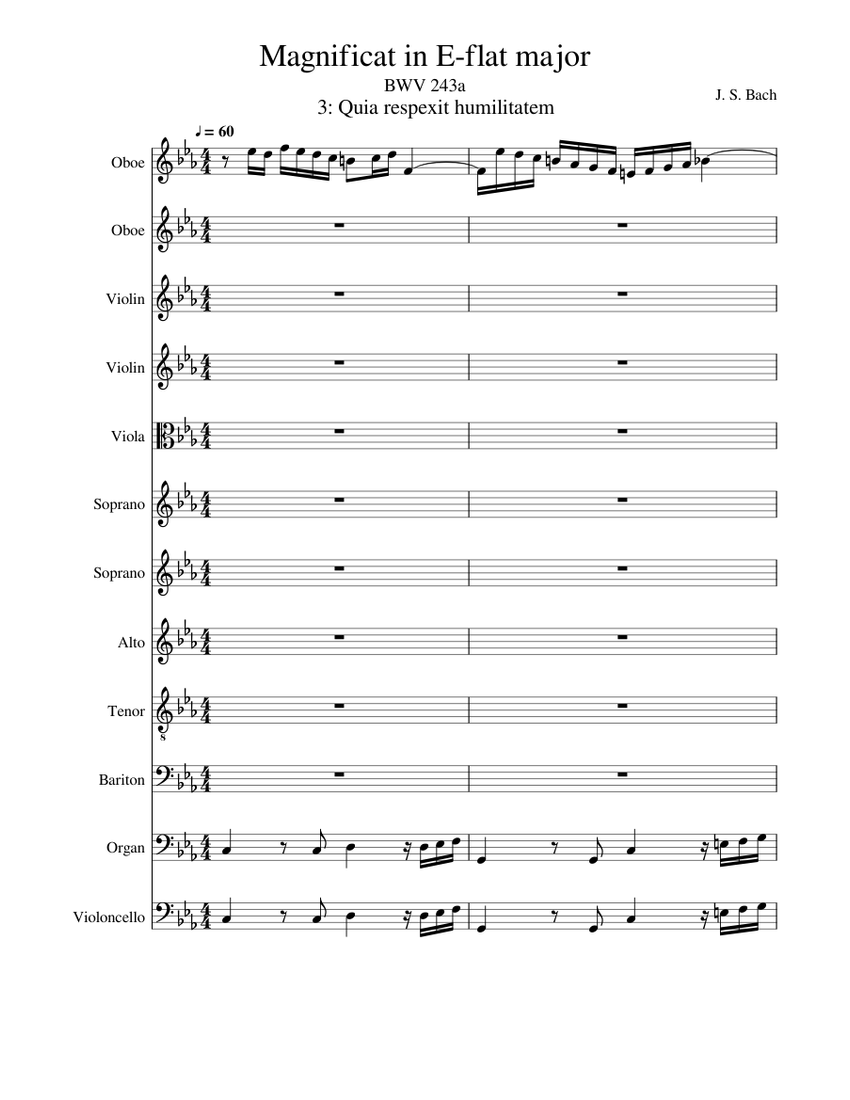 BWV 243a: Magnificat in E-flat major, 3 Quia respexit humilitatem + 4 Omnes generationes Sheet ...