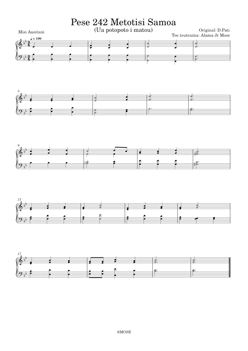 Pese 242 Metotisi Samoa Sheet Music for Piano (Church Choir) Easy ...
