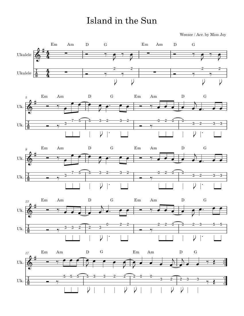 Island In The Sun - Weezer (ukulele) Sheet Music for Guitar (Mixed Duet) | MuseScore.com