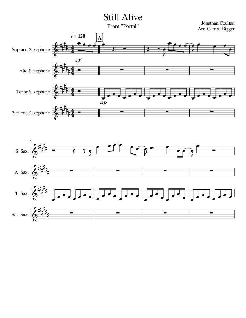 Still Alive Saxophone Quartet Sheet music for Saxophone alto, Saxophone ...