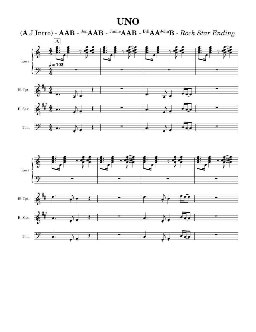 Uno Chart Sheet music for Piano, Trombone, Saxophone baritone, Trumpet in b-flat (Mixed Quartet ...