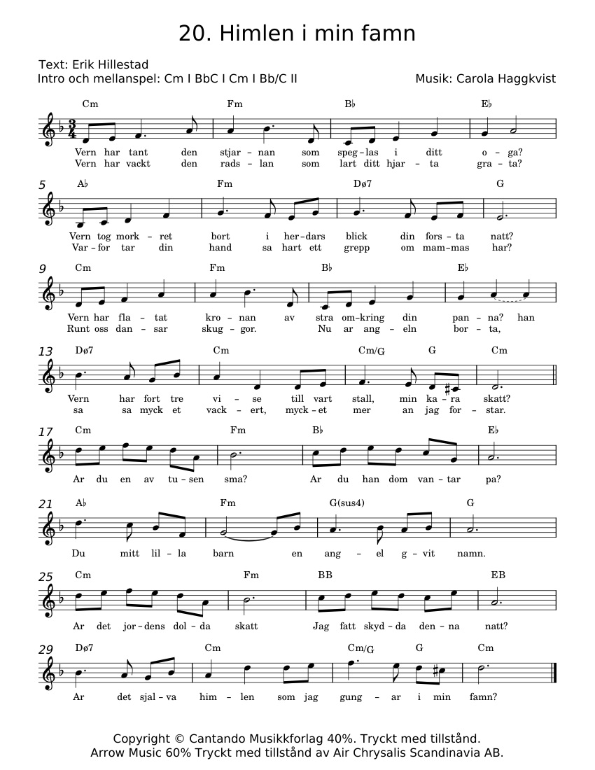 Himlen i min famn - Carola Sheet Music with Chords for Vocals (Solo ...