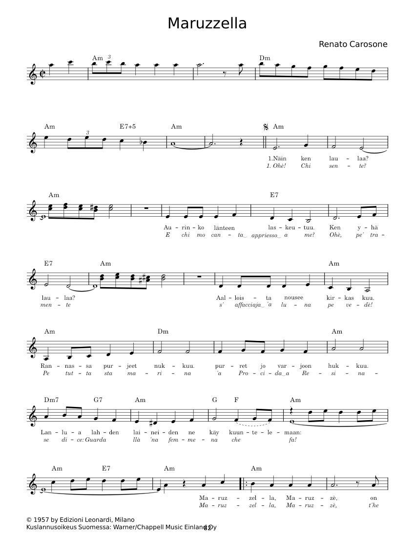 Maruzzella - Renato Carosone Sheet Music with Chords for Synthesizer ...