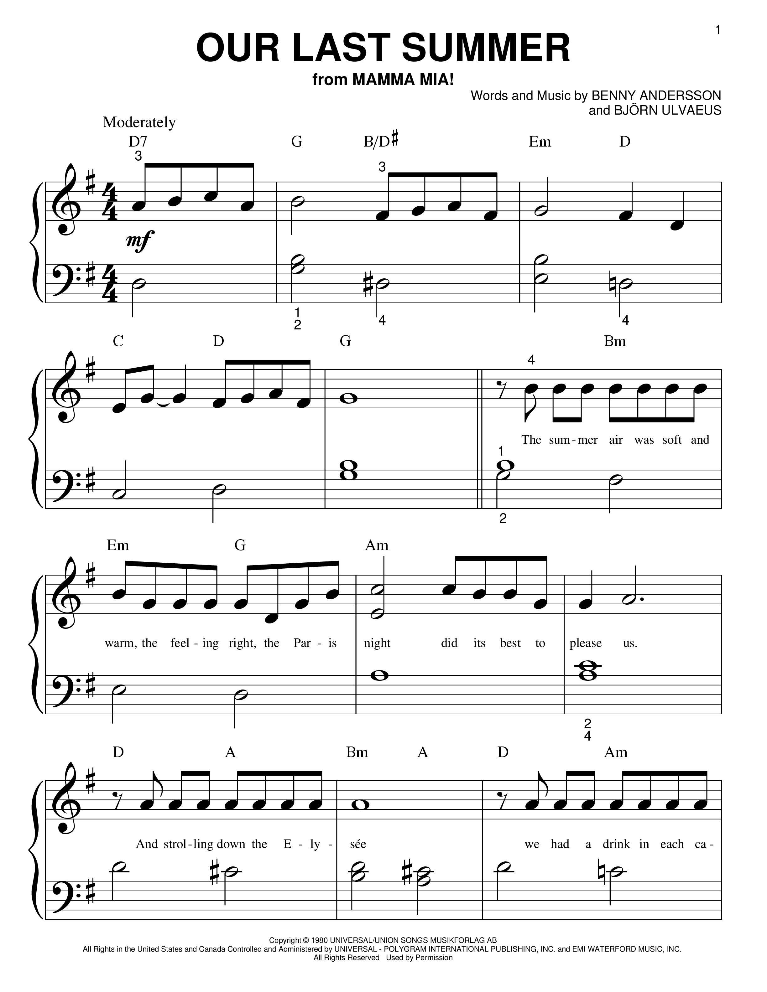Play Official version of Our last summer sheet music by ABBA for Piano ...