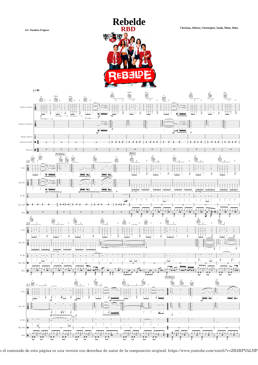 Rebelde/RBD Sheet Music and Tab with Chords for Guitar, Bass guitar ...