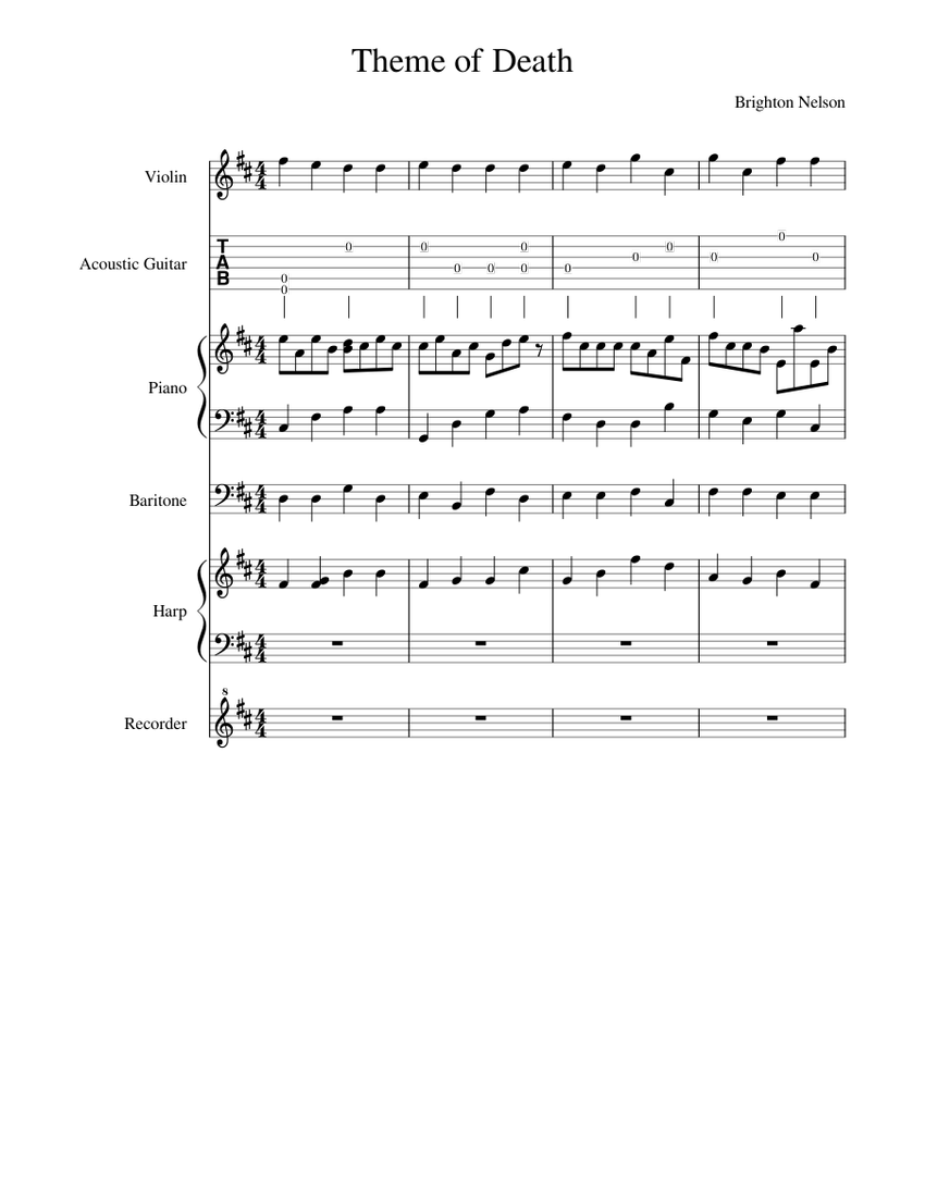 Theme of Death Sheet music for Piano, Violin, Harp, Recorder (Mixed ...