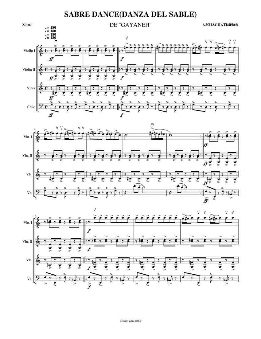 SABRE DANCE DANZA DEL SABLE Sheet music for Violin, Viola, Cello ...