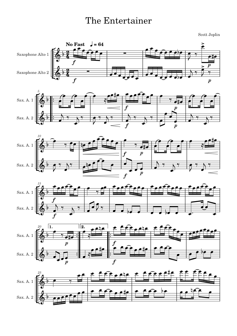 The Entertainer Scott Joplin saxophone alto duo Sheet music for ...