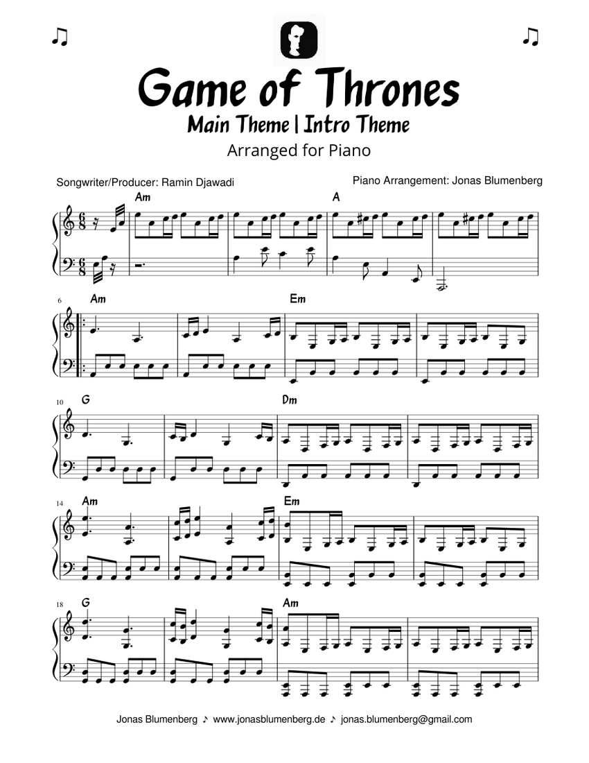 Game of Thrones (Main Theme / Intro Theme) - Piano Arrangement Sheet ...