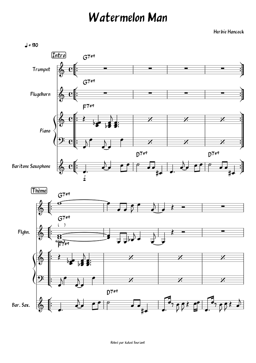 Watermelon Man Quartet Sheet Music with Chords for Piano, Flugelhorn ...
