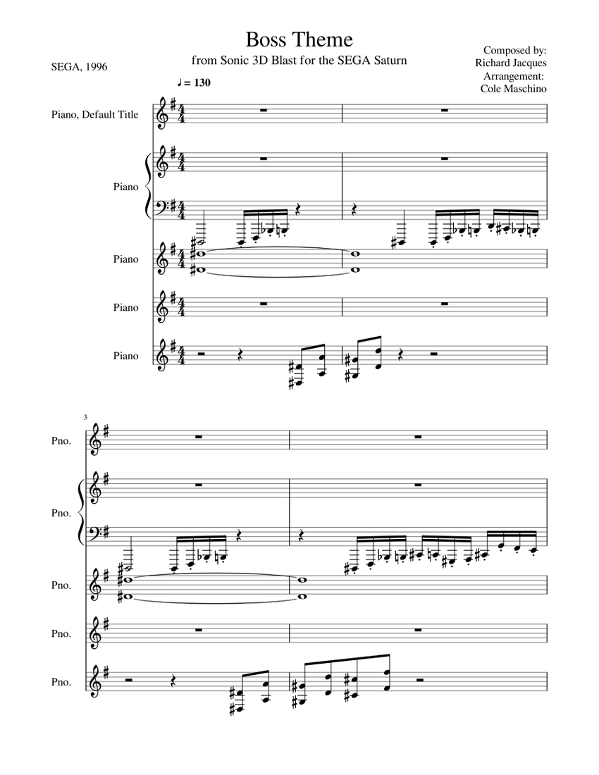 Boss Theme, Sonic 3D Blast Sheet music for Piano (Mixed Quintet ...