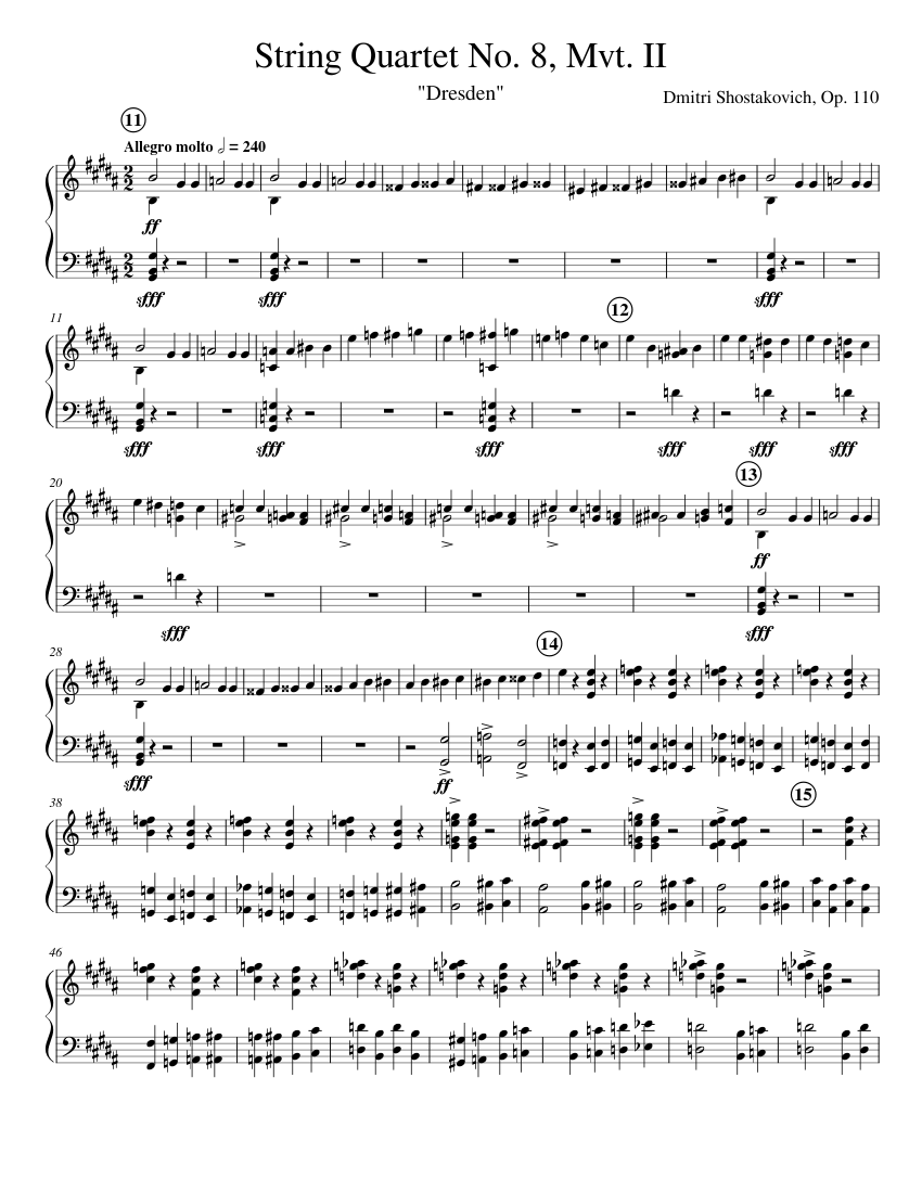 [Short score] String Quartet No. 8, Mvt 2 – Shostakovich Sheet music for Piano (Solo ...