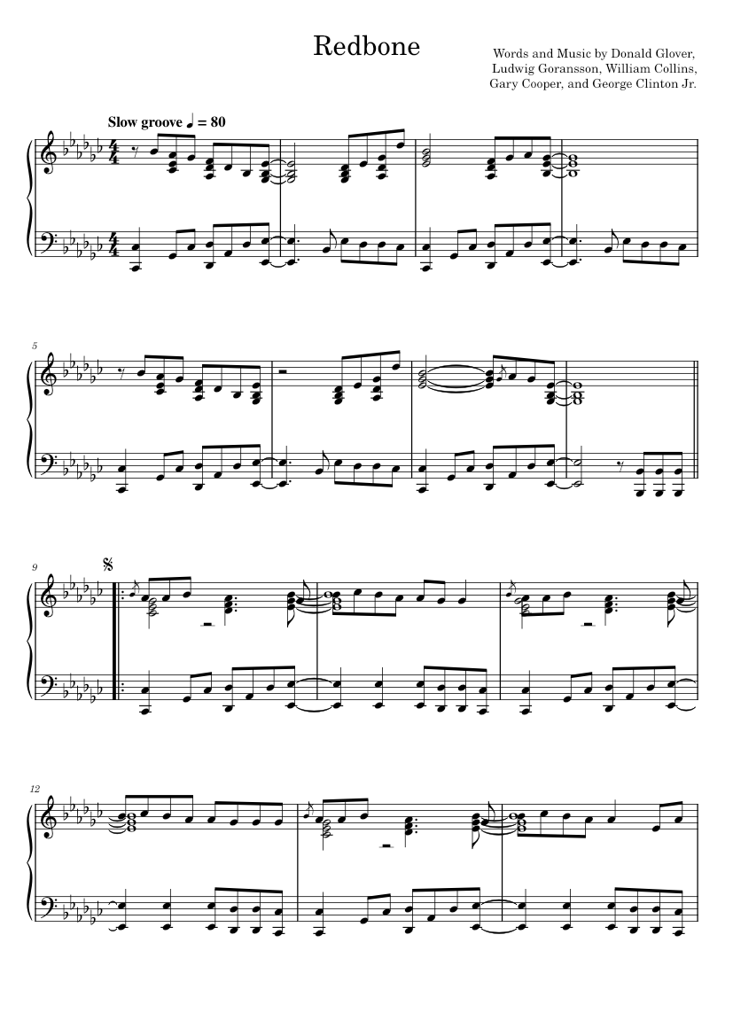 Redbone Sheet Music for Piano (Solo) | MuseScore.com