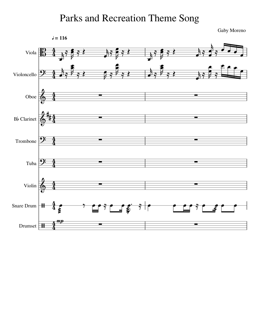 Parks and Recreation Theme Song Sheet music for Trombone, Tuba, Oboe ...