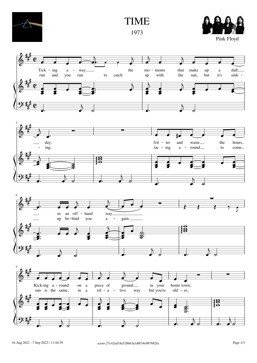 Time – Pink Floyd Sheet Music for Piano, Vocals (Piano-Voice ...