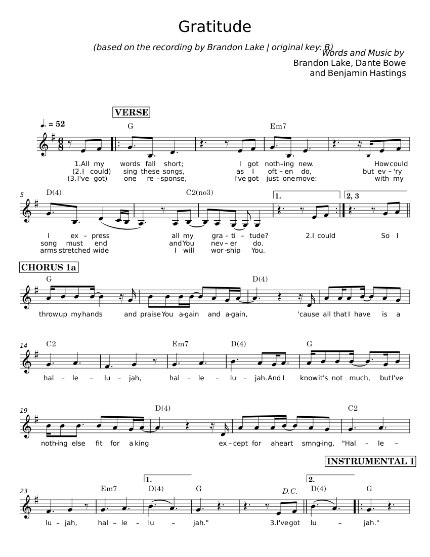 Gratitude - Brandon Lake Sheet Music with Chords for Synthesizer (Solo ...
