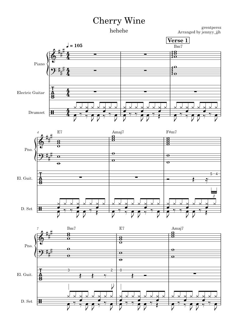 Cherry Wine - grentperez Sheet Music and Tab for Piano, Guitar, Drum group (Mixed Ensemble ...