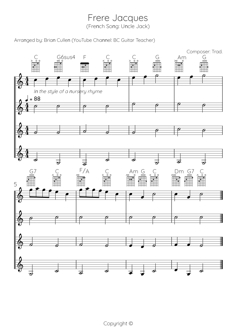 Frere Jacques Student Guitar Quartet – Misc Traditional Sheet music for ...