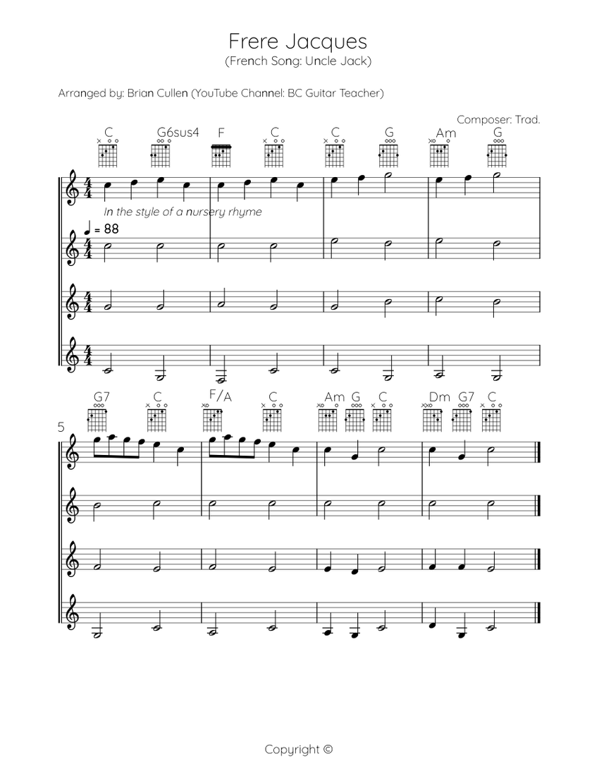 Frere Jacques Student Guitar Quartet – Misc Traditional Sheet music for ...