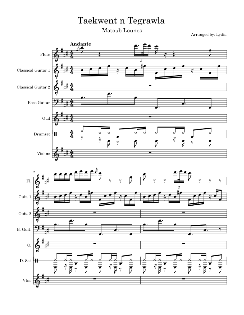 Ta3kemt n tagrawla – Matoub Lounes Sheet music for Flute, Guitar, Bass ...
