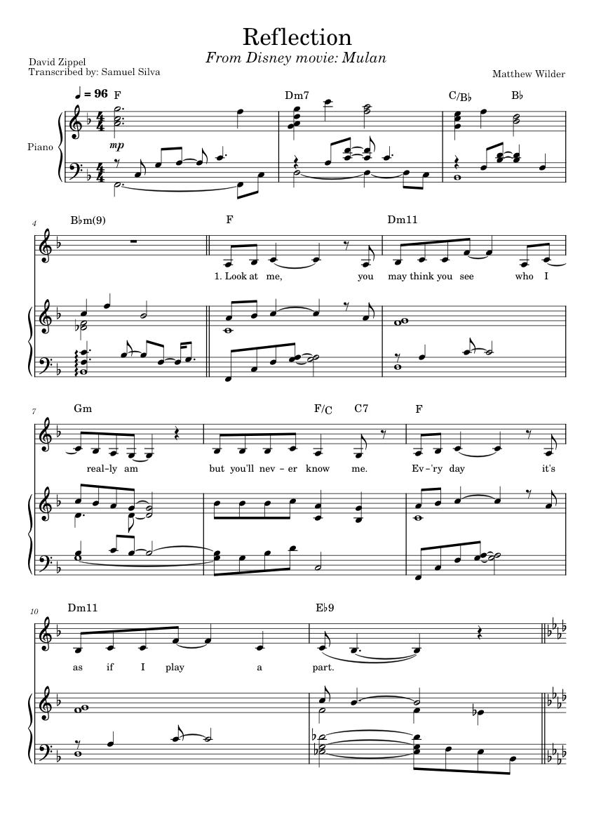 Mulan - Reflection Sheet Music with Chords for Piano, Soprano (Piano ...