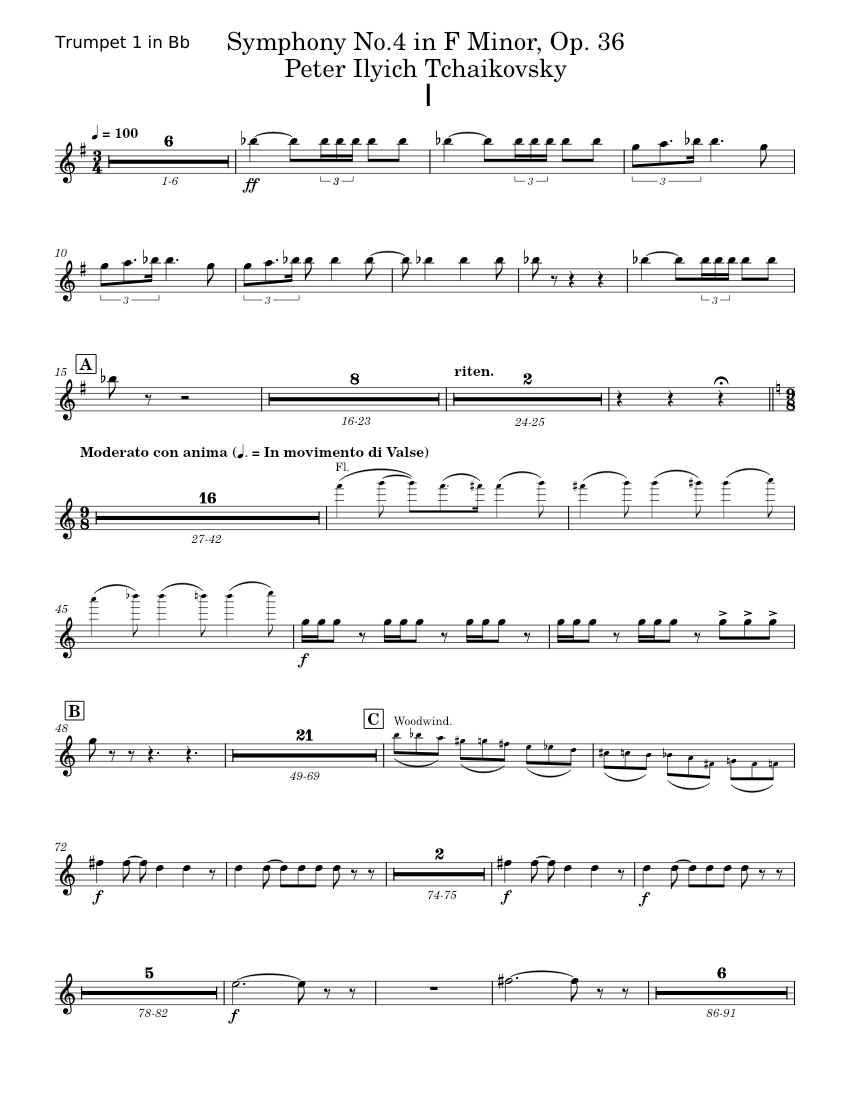 Symphony No.4, Op.36 - Pyotr Ilyich Tchaikovsky Sheet Music for Trumpet in b-flat (Solo ...