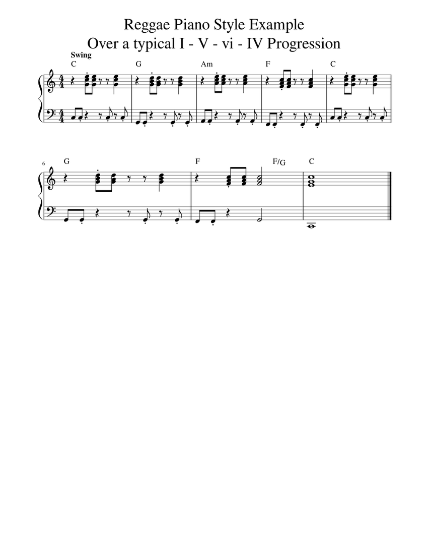 Reggae Piano Style Example over I V vi IV porgression Sheet music for ...