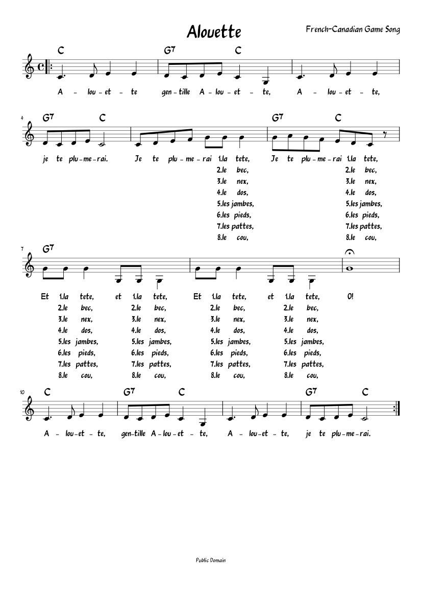 Alouette (Lead sheet with lyrics ) Sheet Music for Drum group (Solo ...