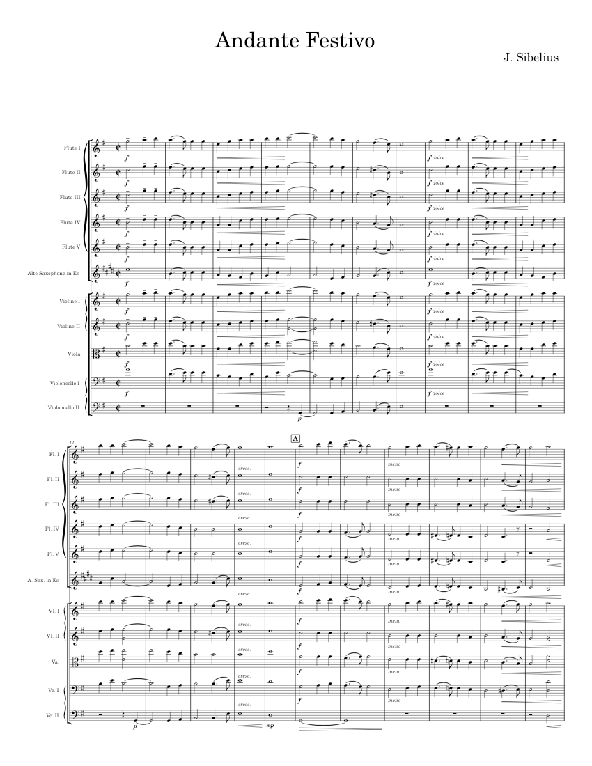 Andante Festivo - J. Sibelius Sheet Music for Flute, Saxophone alto, Violin, Viola & more ...