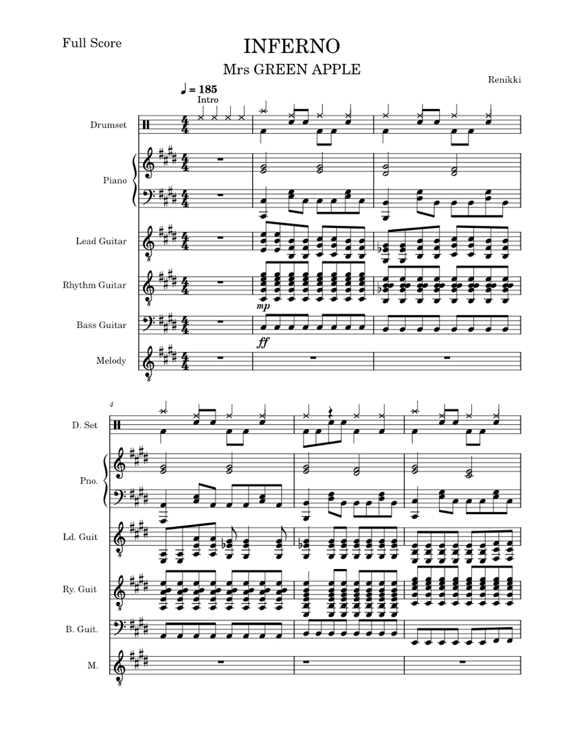 Inferno – Mrs Green Apple Full Score Sheet music for Piano, Guitar ...