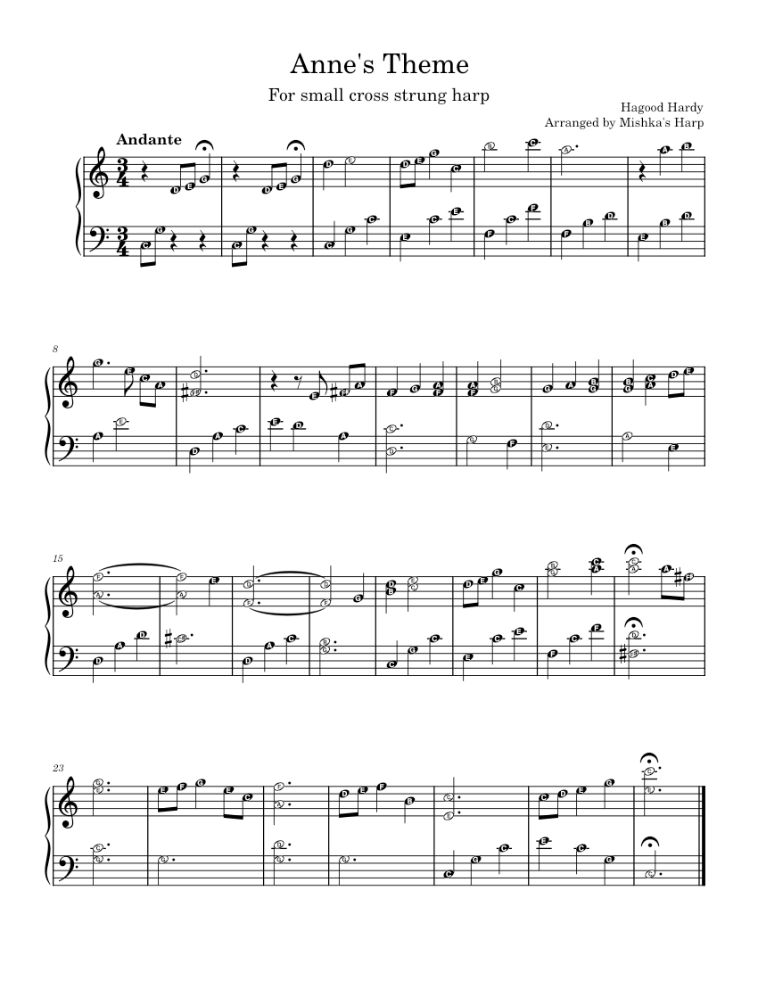 Anne's Theme – Hagood Hardy - arranged for small cross strung harp ...